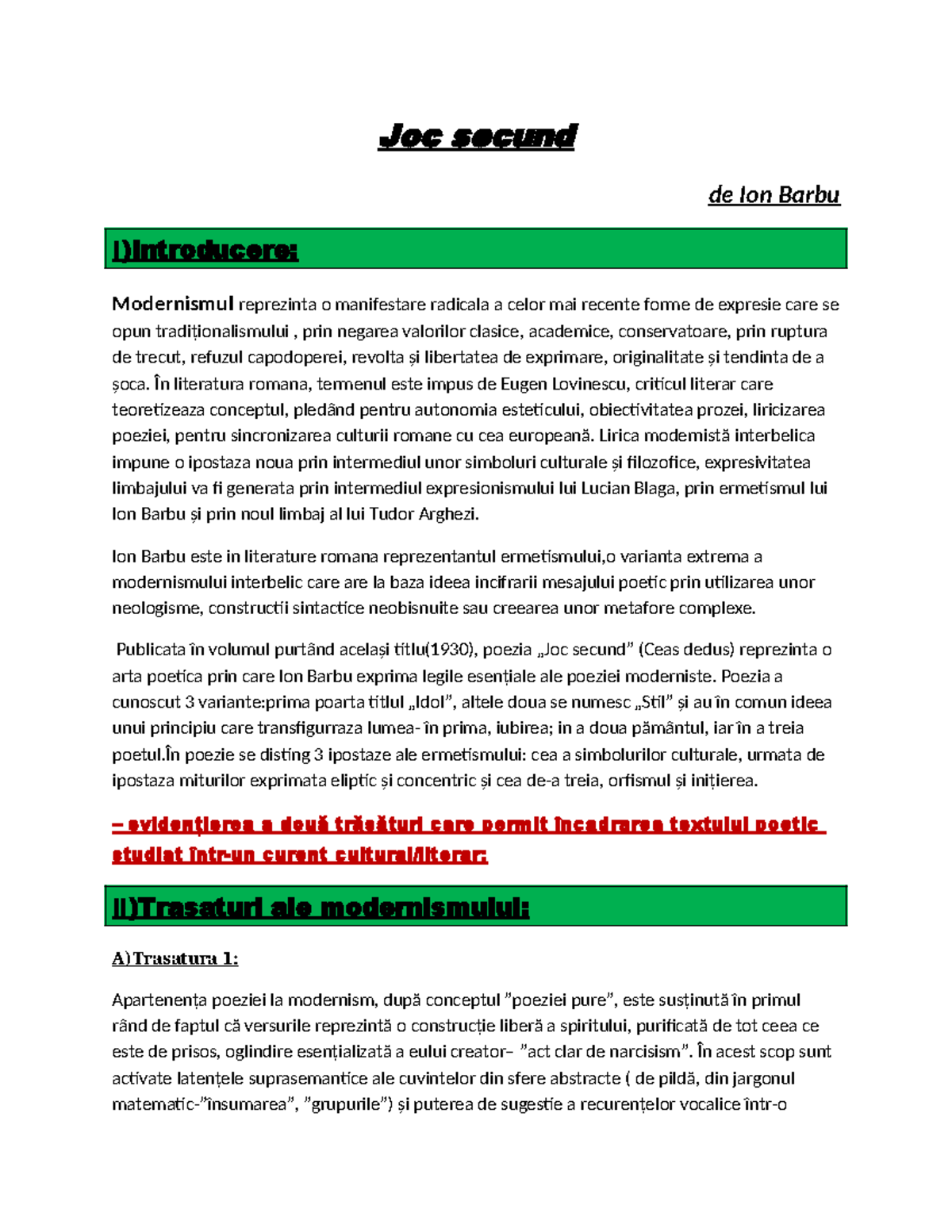 Joc Secund de Ion Barbu - Comentariu asupra Modernismului - Studocu
