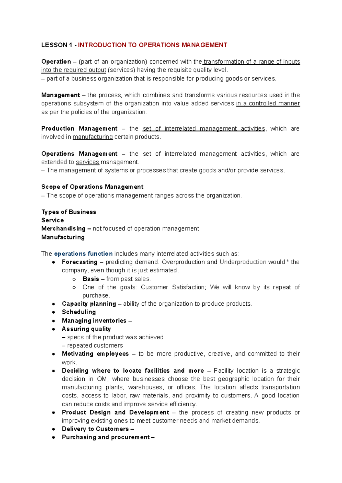 OM 101: Lesson 1 - Intro to Operations Management Notes - Studocu