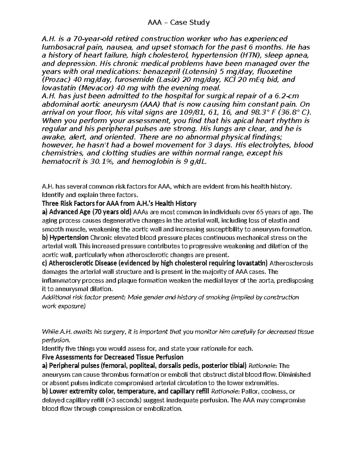 AAA Case Study: Risk Factors, Assessments, and Complications - Studocu