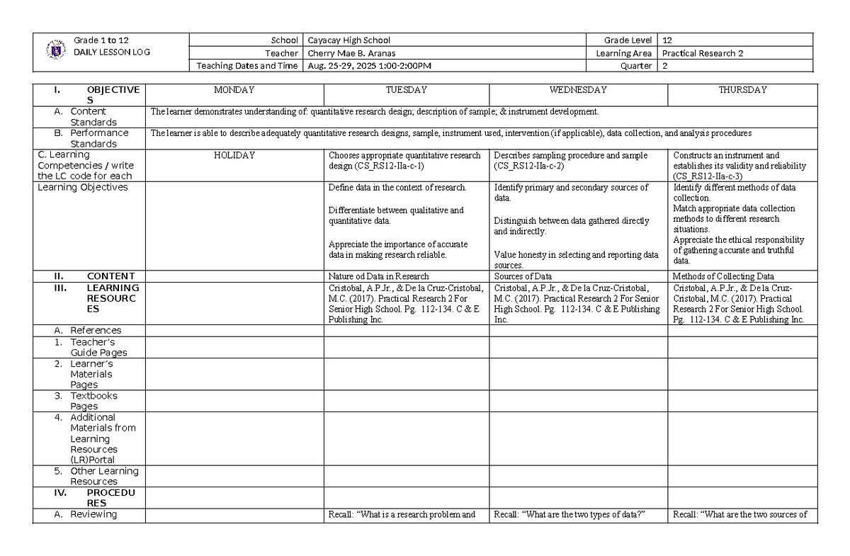 Grade 12 Practical Research 2 Daily Lesson Log - Aug 2025 - Studocu