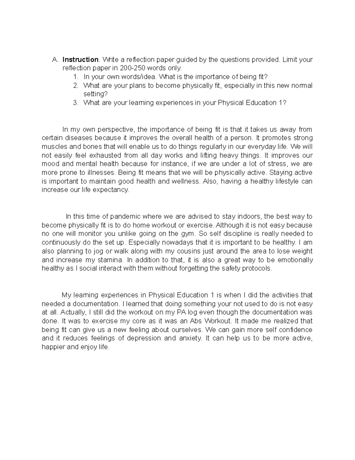 Reflection Paper - Physical Education 1: The Importance of Fitness ...
