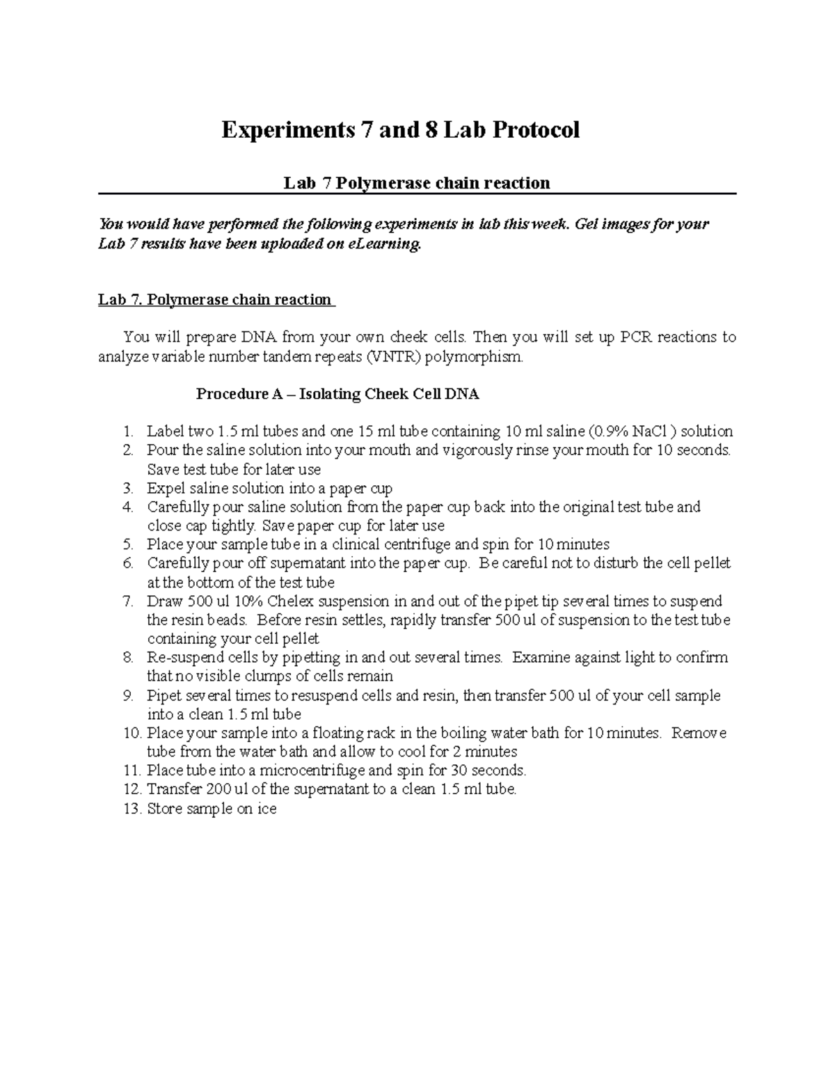4380 Lab 7 and 8 Protocol S21 - Experiments 7 and 8 Lab Protocol Lab 7 ...
