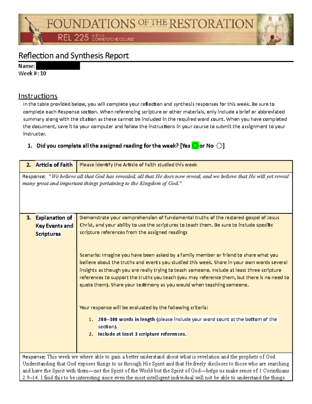 REL225C W10 Reflection And Synthesis - Reflection and Synthesis Report Name: Lauren Dulgarian ...