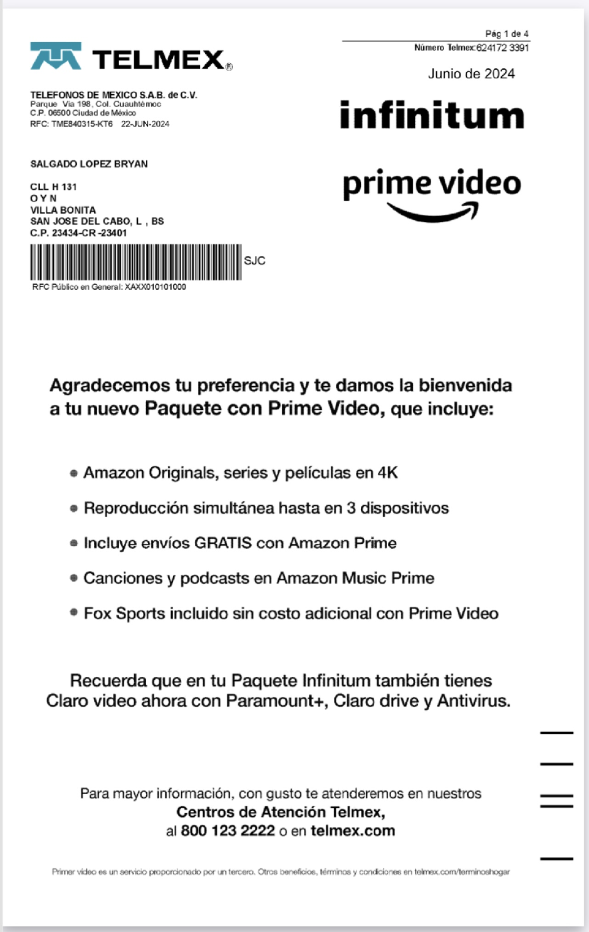 Recibo Telmex Editable en PDF con Fechas de Junio 2024 - Studocu