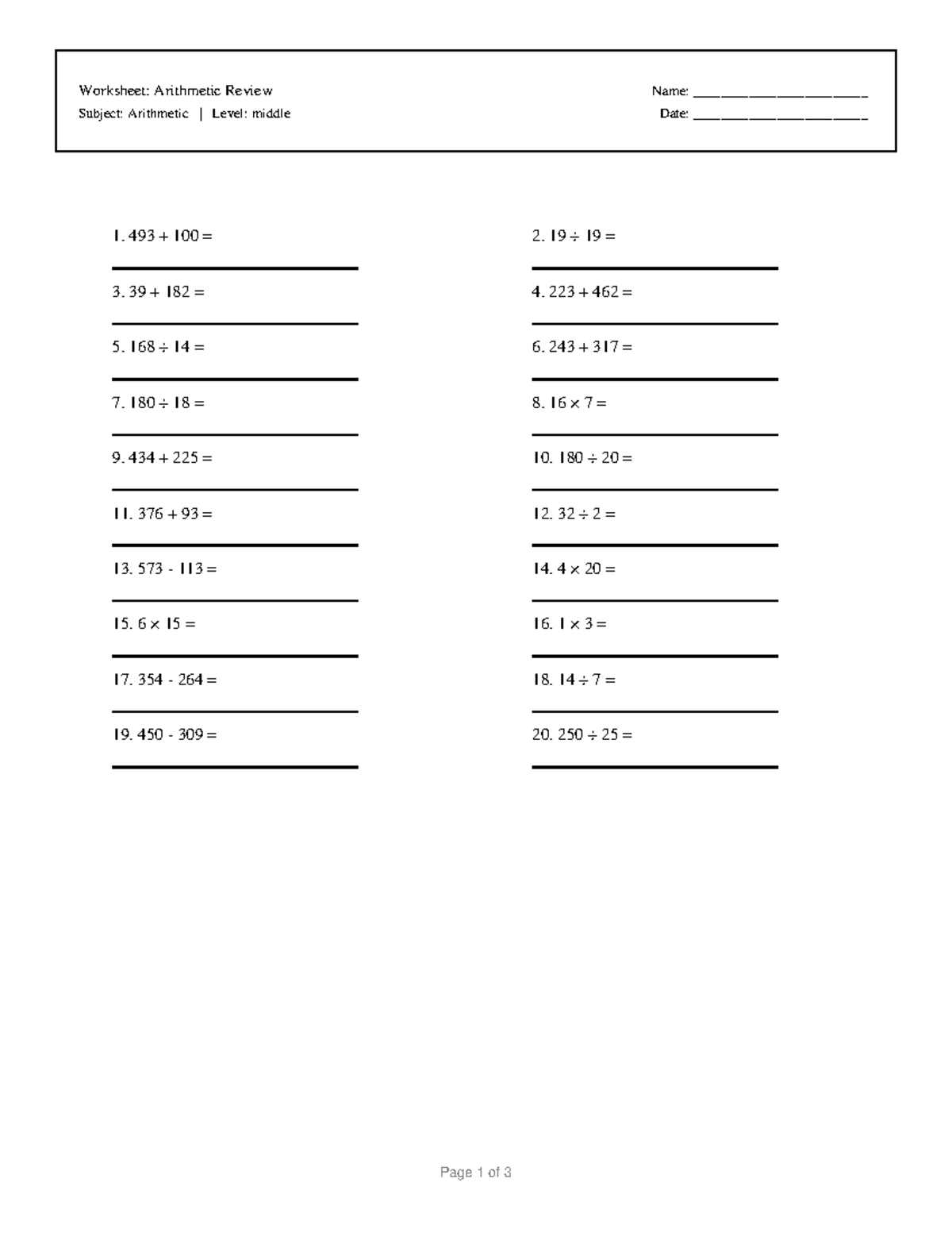 Arithmetic Review Worksheet: Middle Level Practice - Studocu