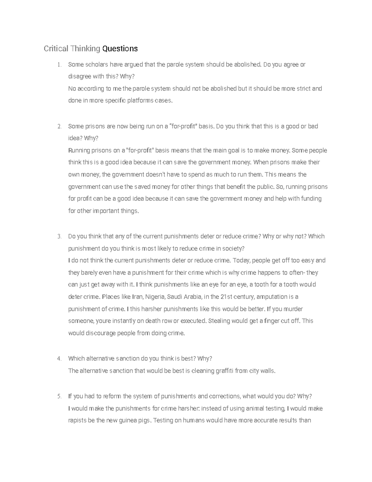 Unit 8 Critical Thinking Qs on Parole & Punishment Reform - Studocu