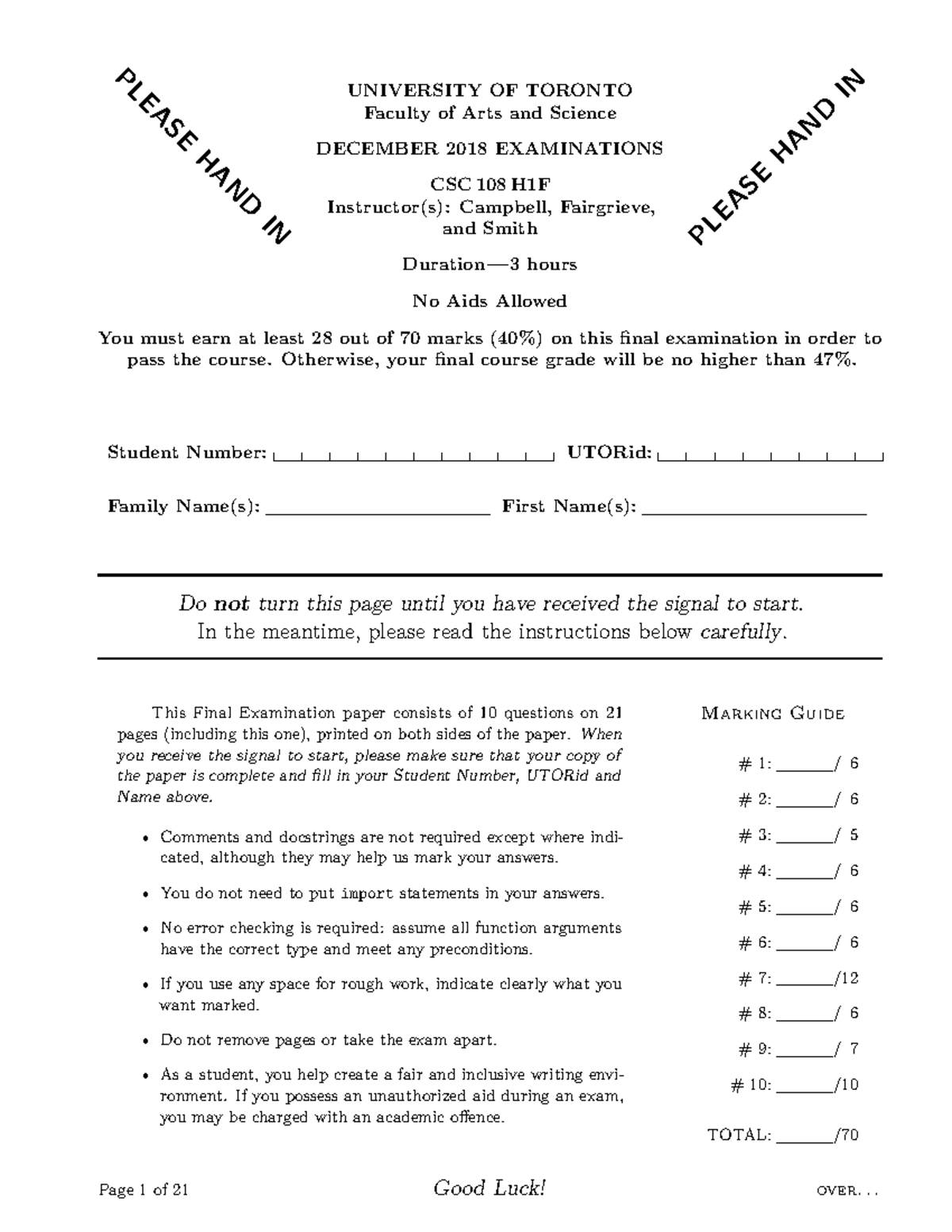 CSC 108 H1F December 2018 Final Exam Paper - Studocu