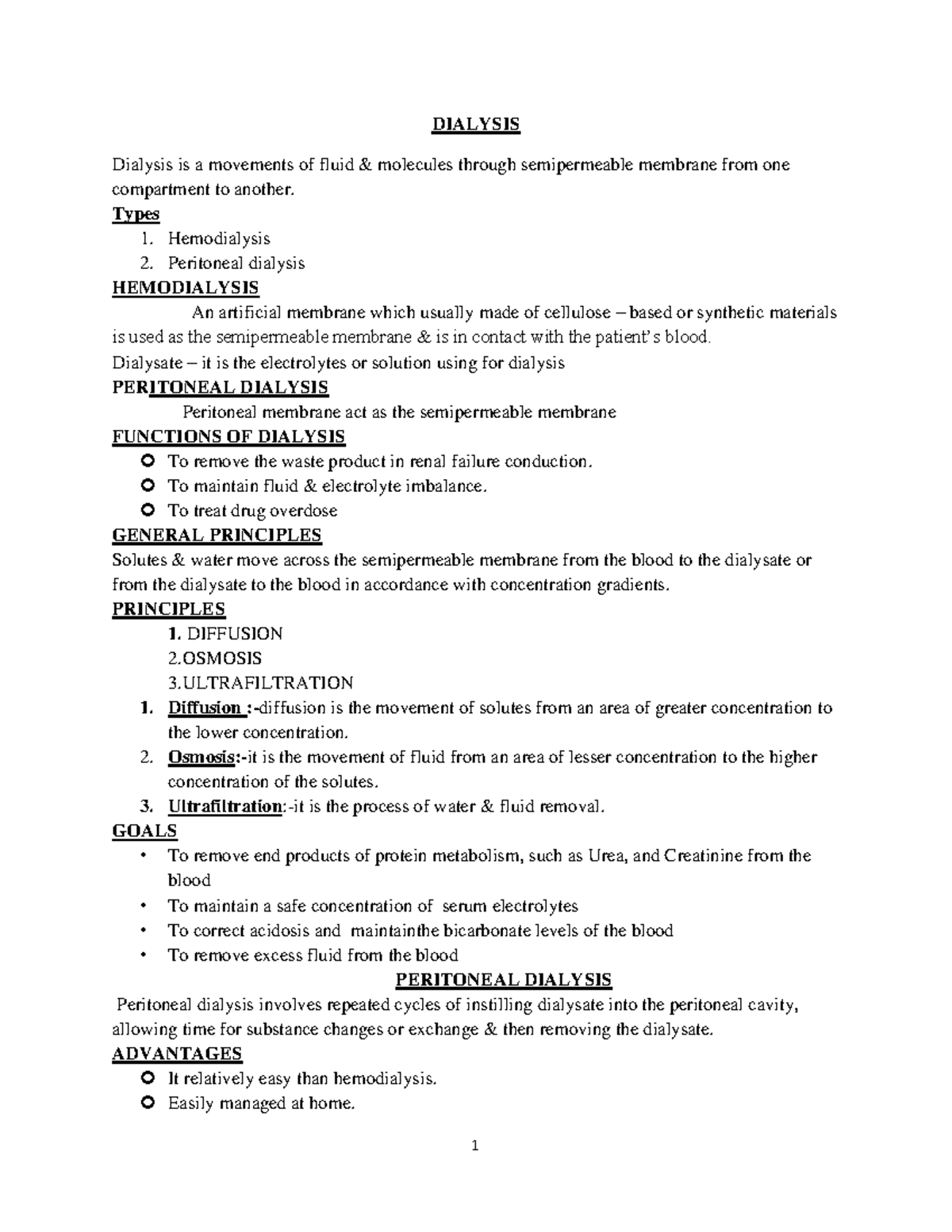 Dialysis - Lecture Notes for Nursing Course (NUR 101) - Studocu