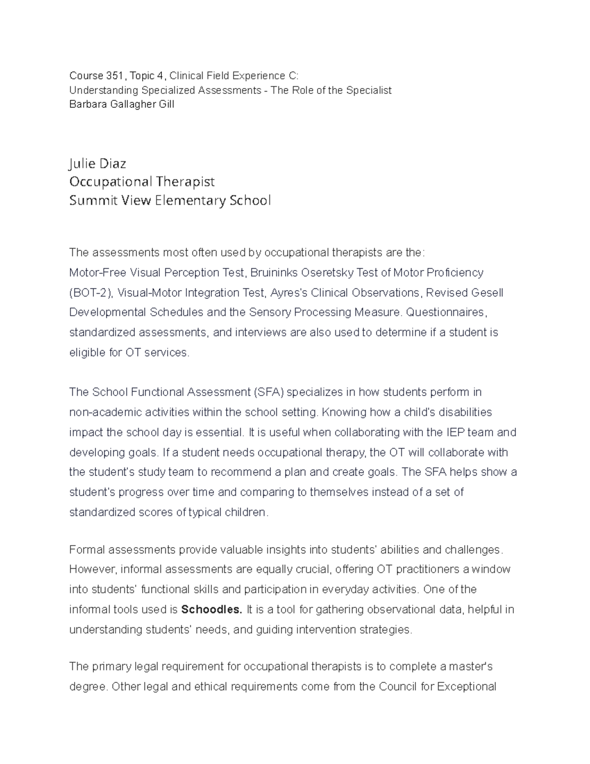 Course 351 - Topic 4: Specialized Assessments in OT Practice - Studocu