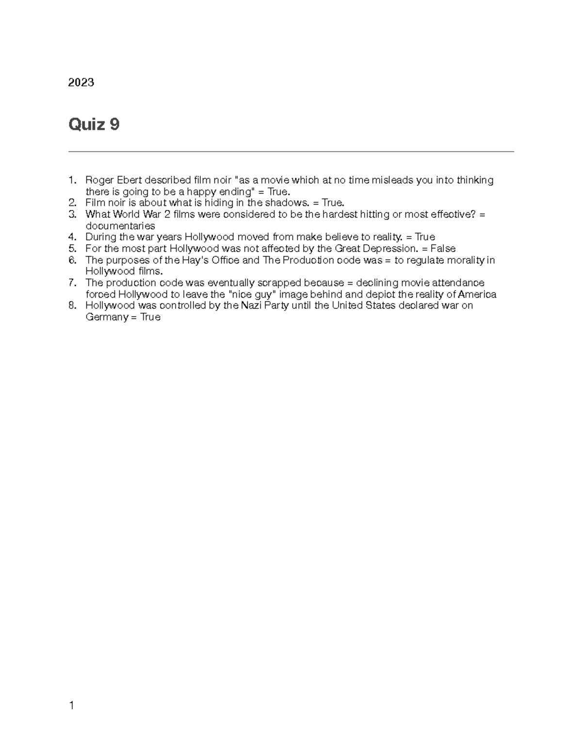 Quiz - Week 9 Overview - Film Noir & Hollywood Insights - Studocu