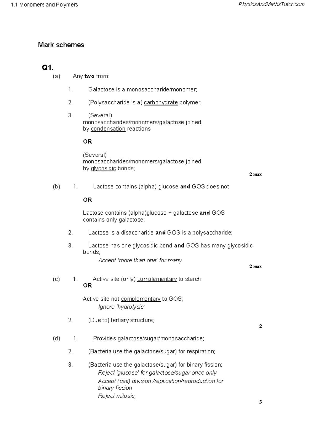 1.1 Monomers and Polymers Mark Schemes and Answers - Studocu