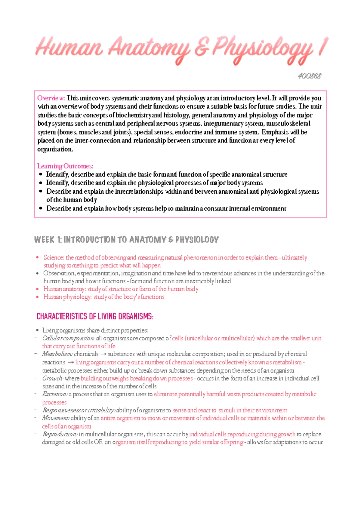 NATS 1009 Workshop 1: Intro to Human Anatomy and Physiology 1 - Studocu