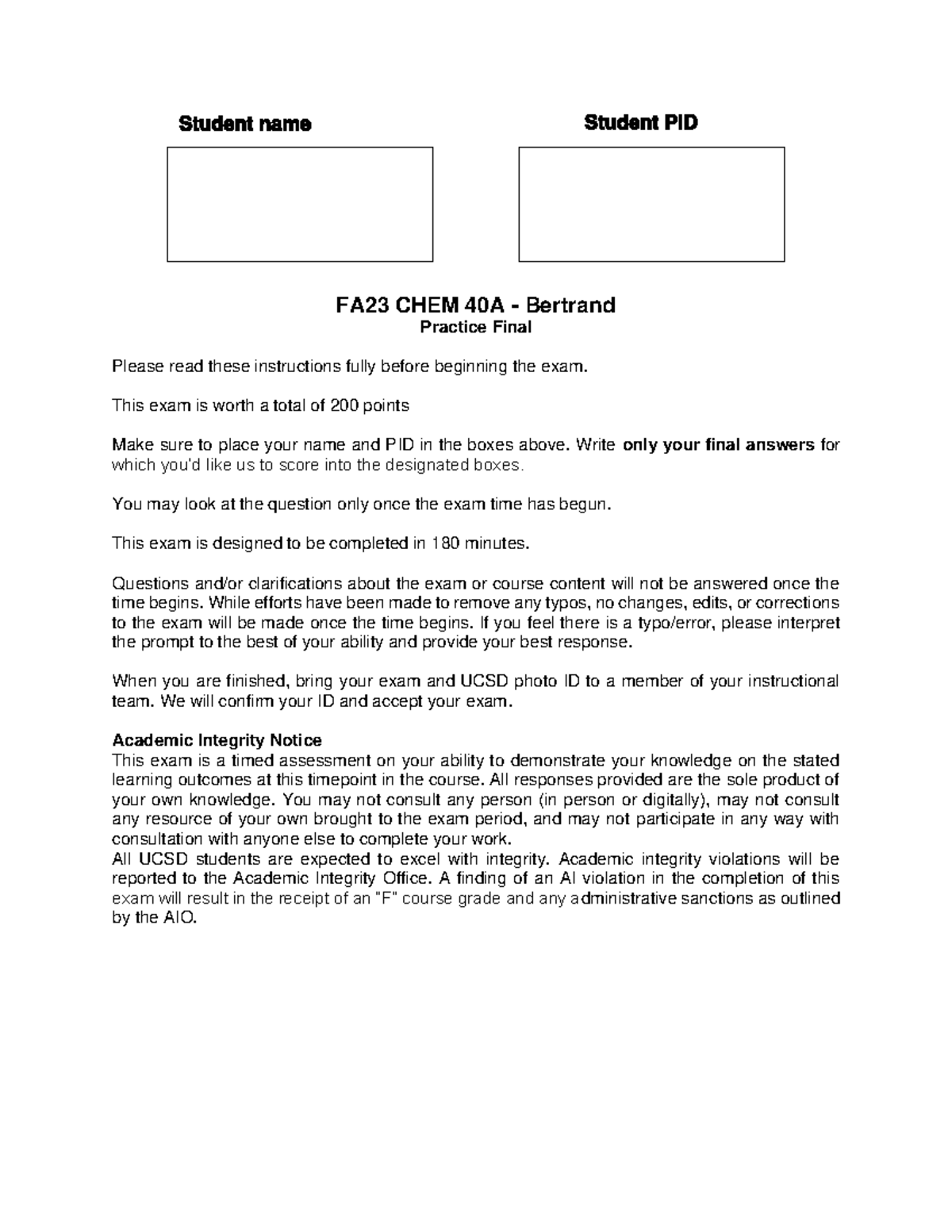 FA2 3 CHEM 40A - Practice Final Exam Instructions and Questions - Studocu