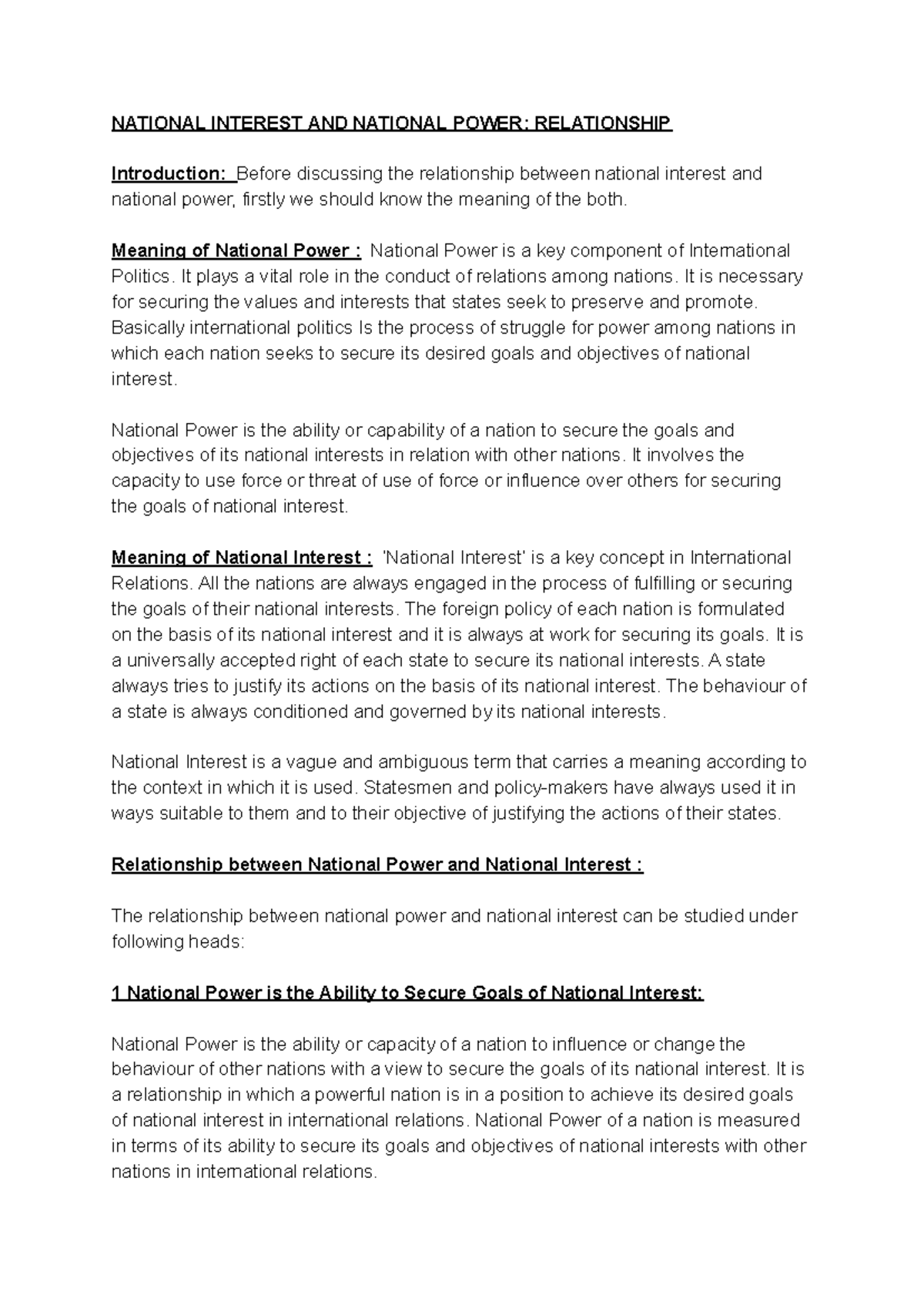 Pol Sc 2 - National Interest & Power in International Relations Notes ...