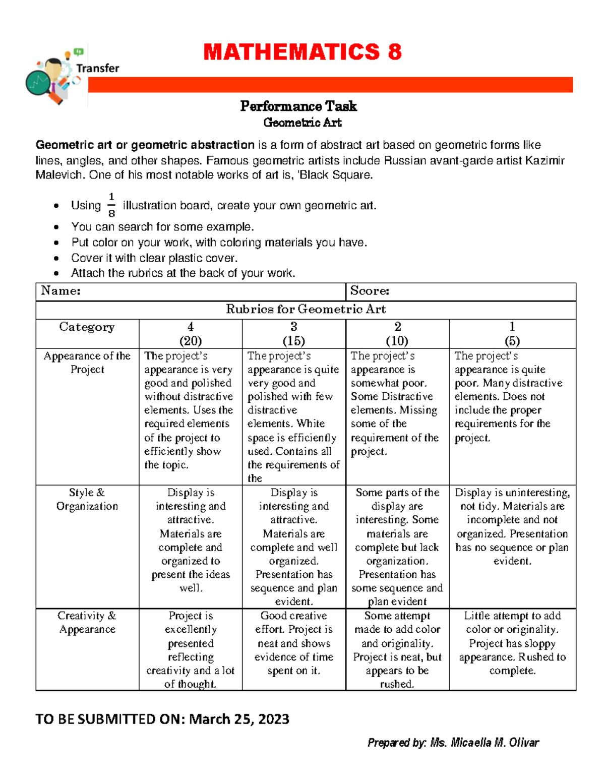 Mathematics 8 peta q3 - MATHEMATICS 8 Performance Task Geometric Art Geometric art or geometric ...