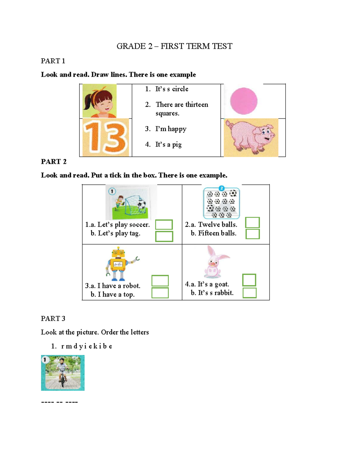 GRADE 2 FIRST TERM TEST PART 1 & 2 - Anh Van - Studocu