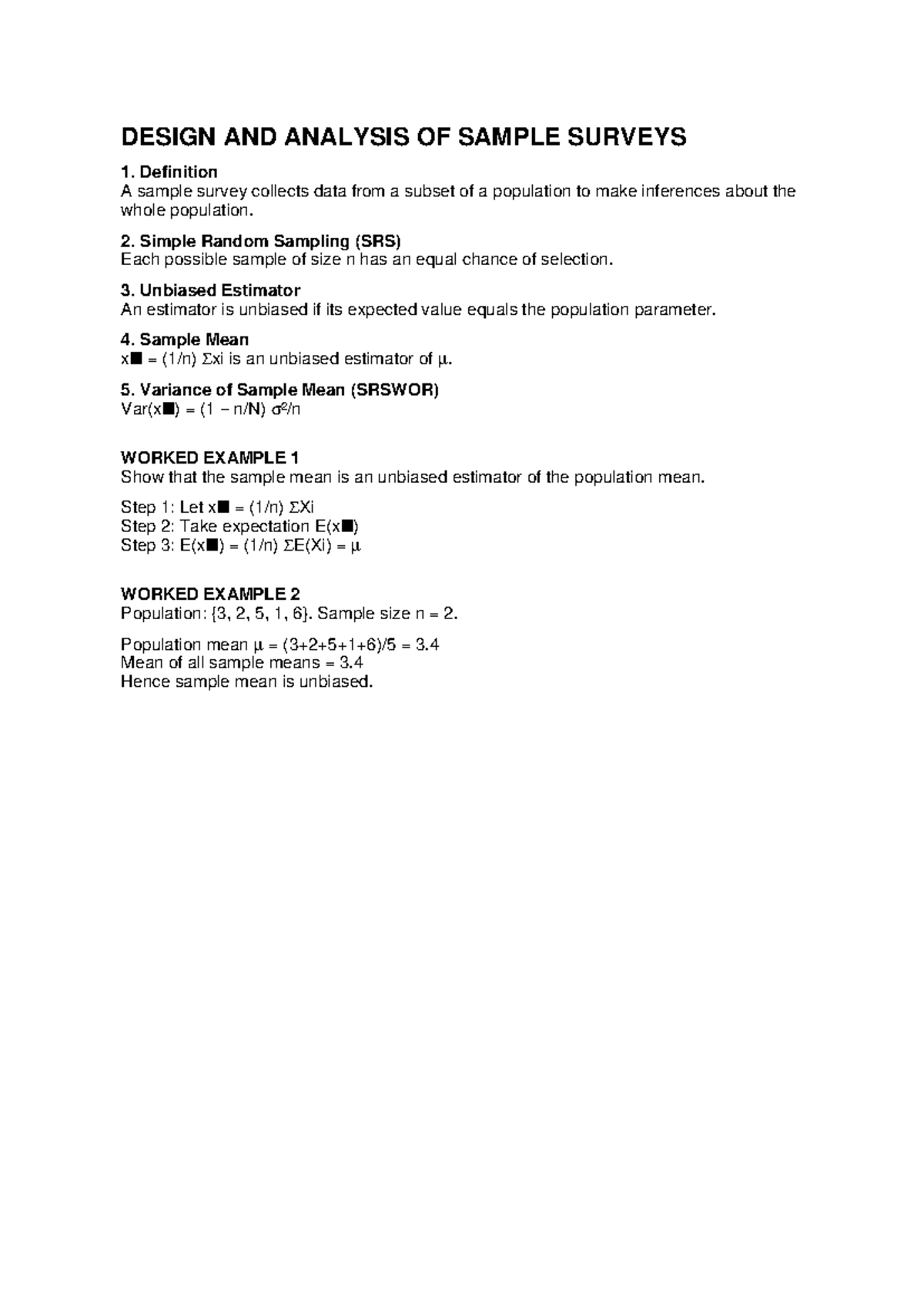 DESIGN AND ANALYSIS OF SAMPLE SURVEYS Exam Notes - Studocu
