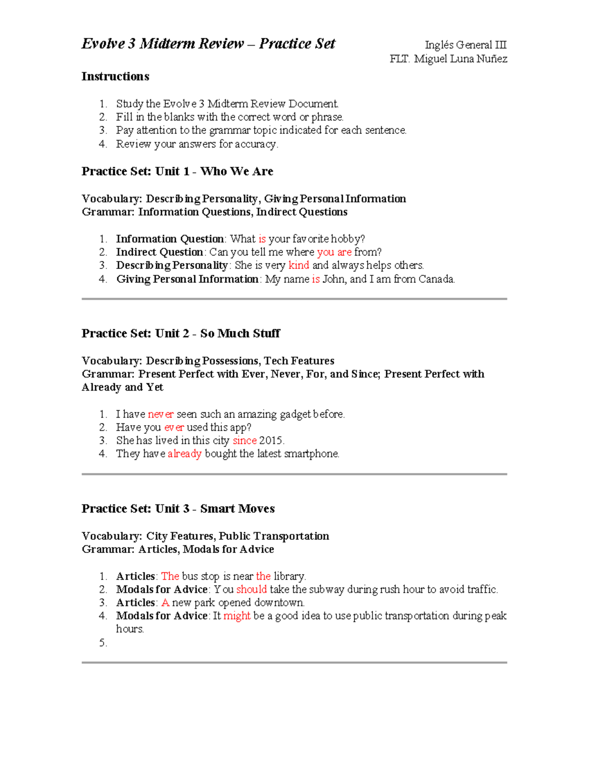 Evolve 3 Inglés General III Midterm Review Practice Set v1.3 - Studocu