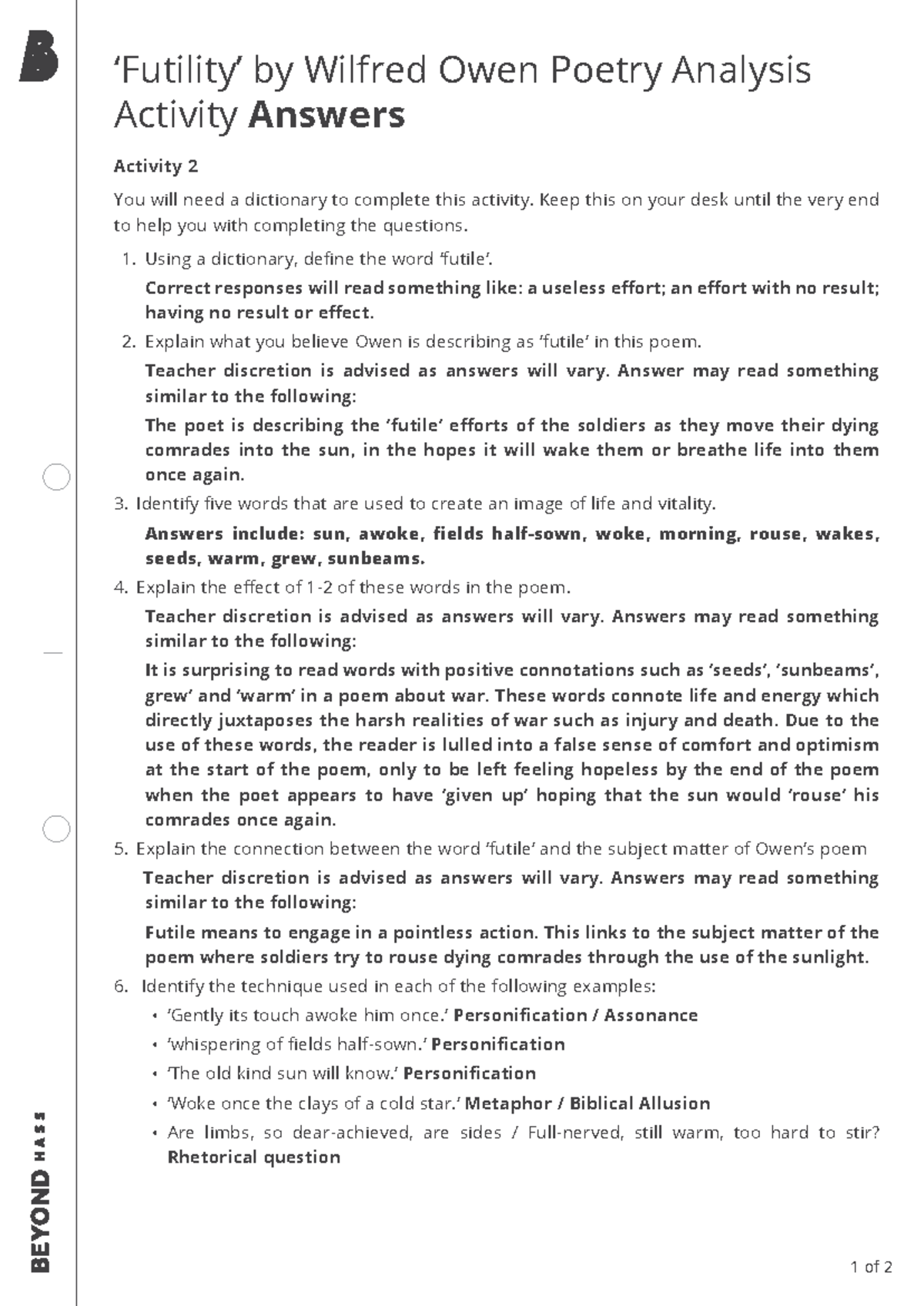 Futility by Wilfred Owen Poetry Analysis Activity Answers - ‘Futility ...