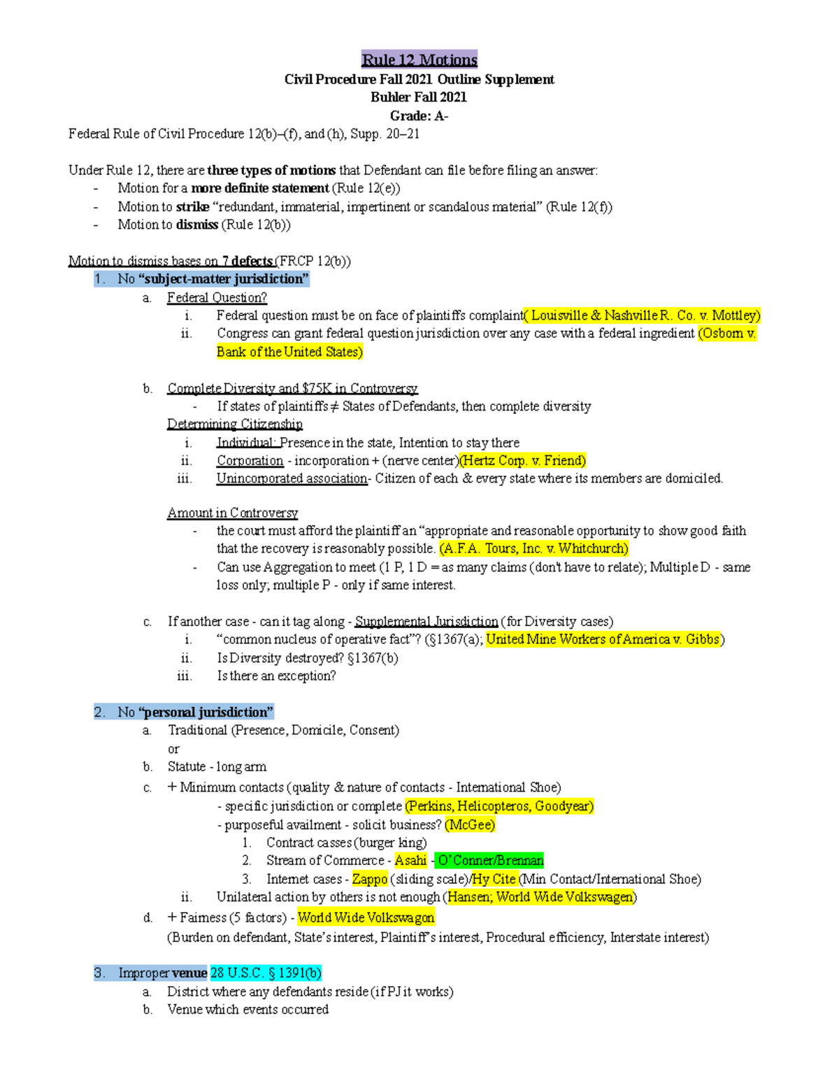 Rule 12 Motions: Civil Procedure Outline Supplement (Fall 2021) - Studocu