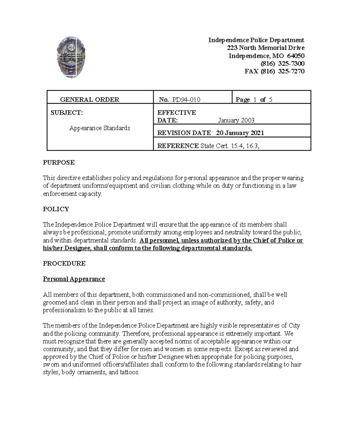 Independence Police Department General Order: Appearance Standards PD94 ...