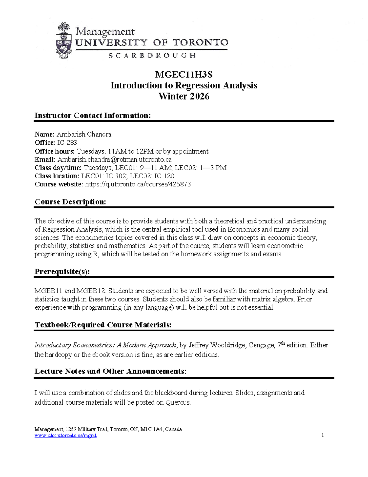 MGEC11H3S Course Outline: Introduction to Regression Analysis Winter ...