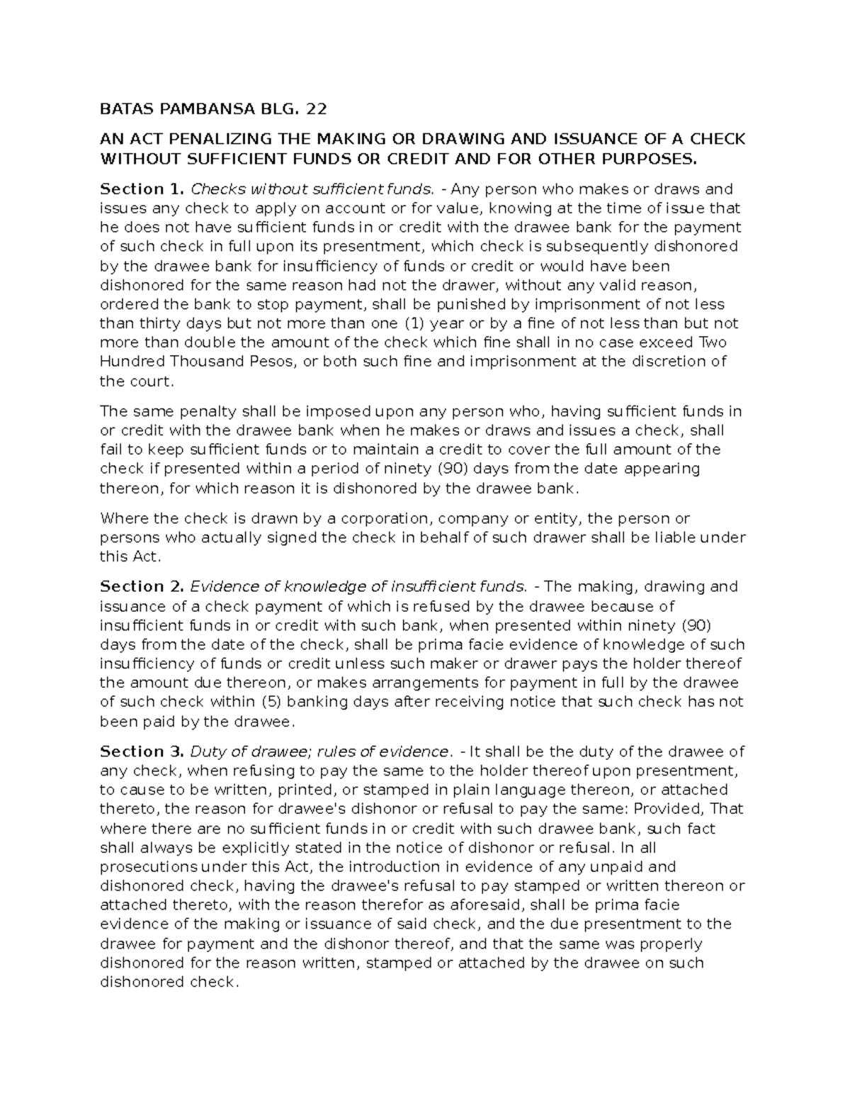 bouncing checks law - BATAS PAMBANSA BLG. 22 AN ACT PENALIZING THE ...