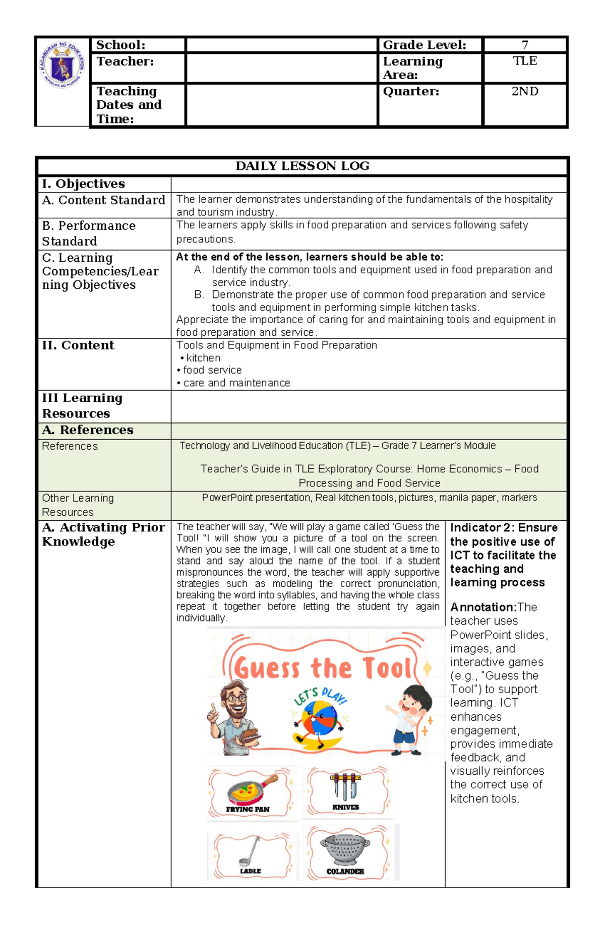 TLE 7 2ND DAILY LESSON LOG: Tools & Equipment in Food Prep - Studocu