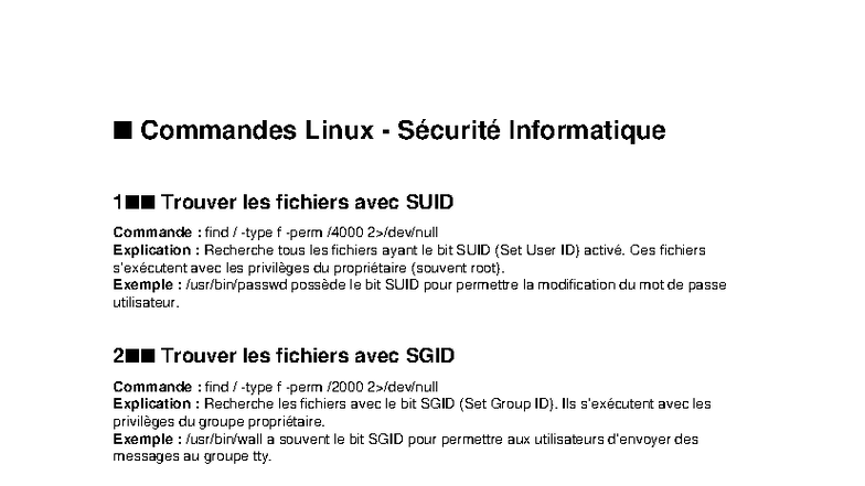 Commandes Linux Securité : Fichiers SUID et SGID - Studocu