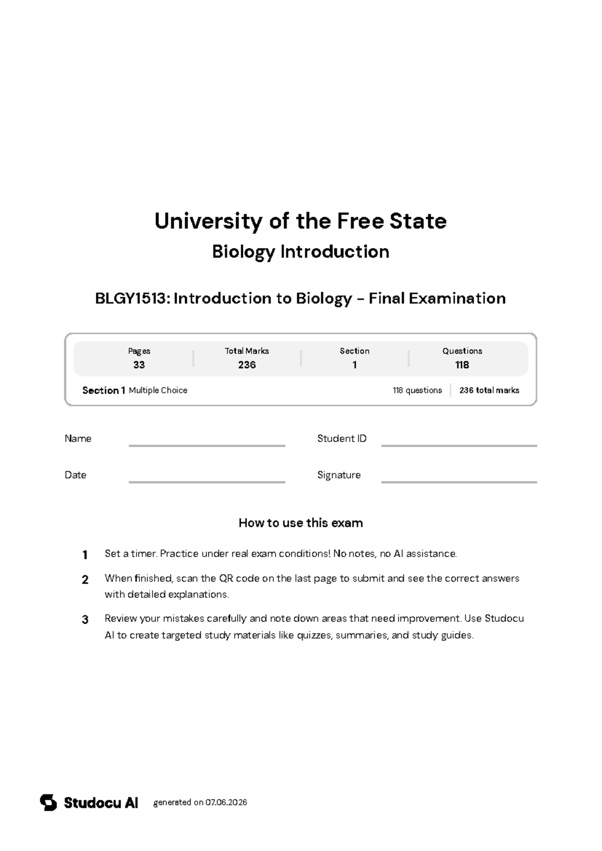 BLGY1513: Introduction to Biology - Final Exam - Studocu