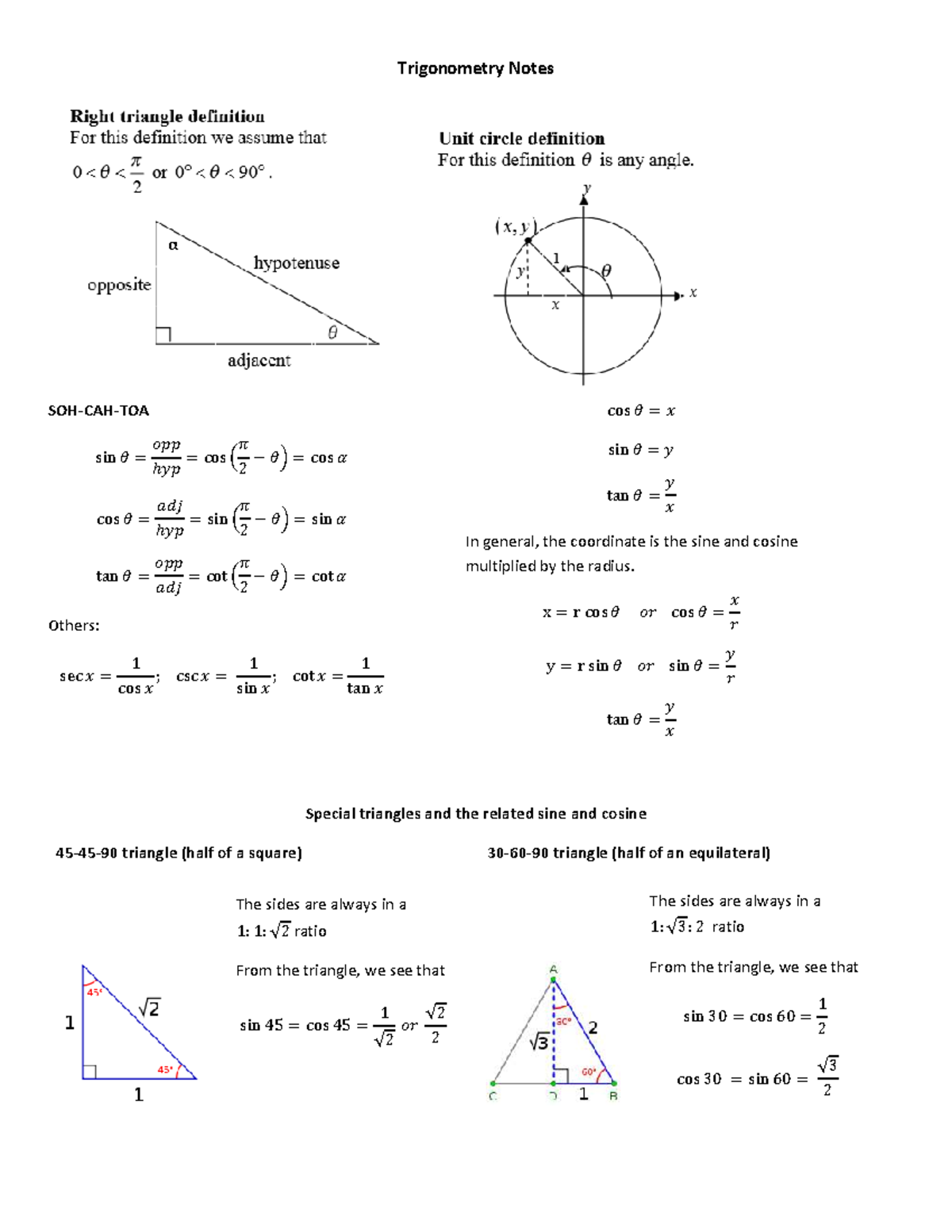 Trigonometry Notes: Key Concepts and Formulas for Success - Studocu