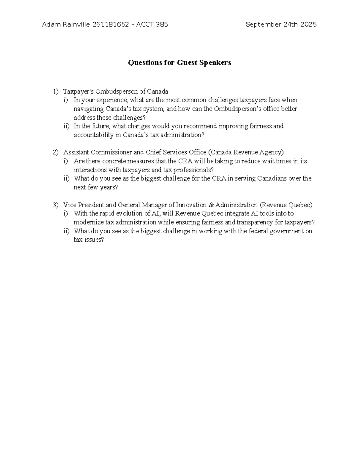 ACCT 385 Guest Speaker Questions - Tax Administration Insights - Studocu