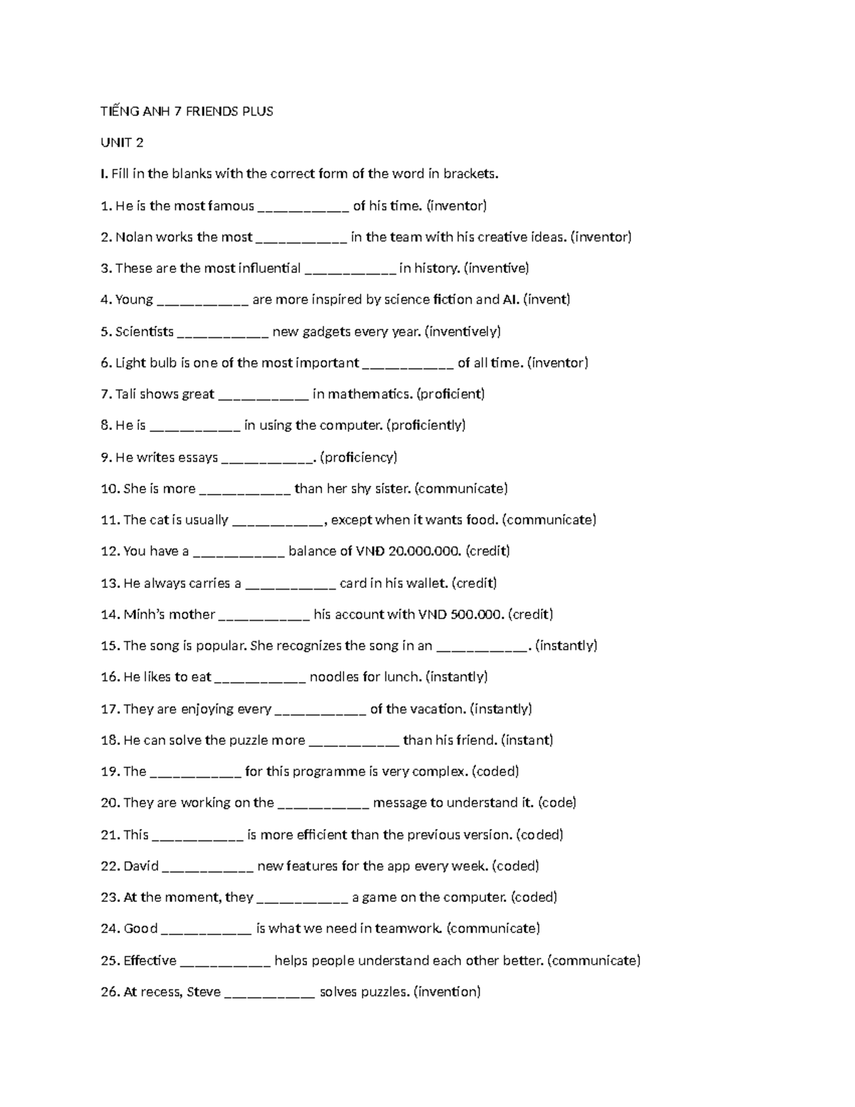 TIẾNG ANH 7 FRIENDS PLUS UNIT 2: ÔN TẬP WORD FORM - Studocu