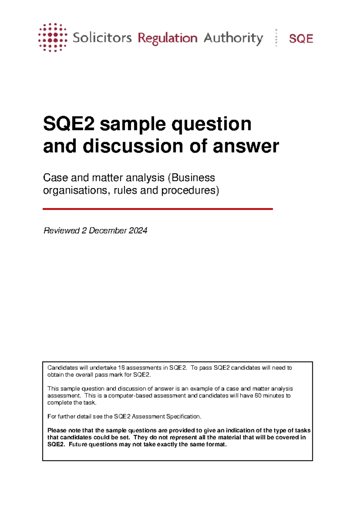 SRA SQE2 Sample Legal Writing Assessment & Discussion of Answers - Studocu