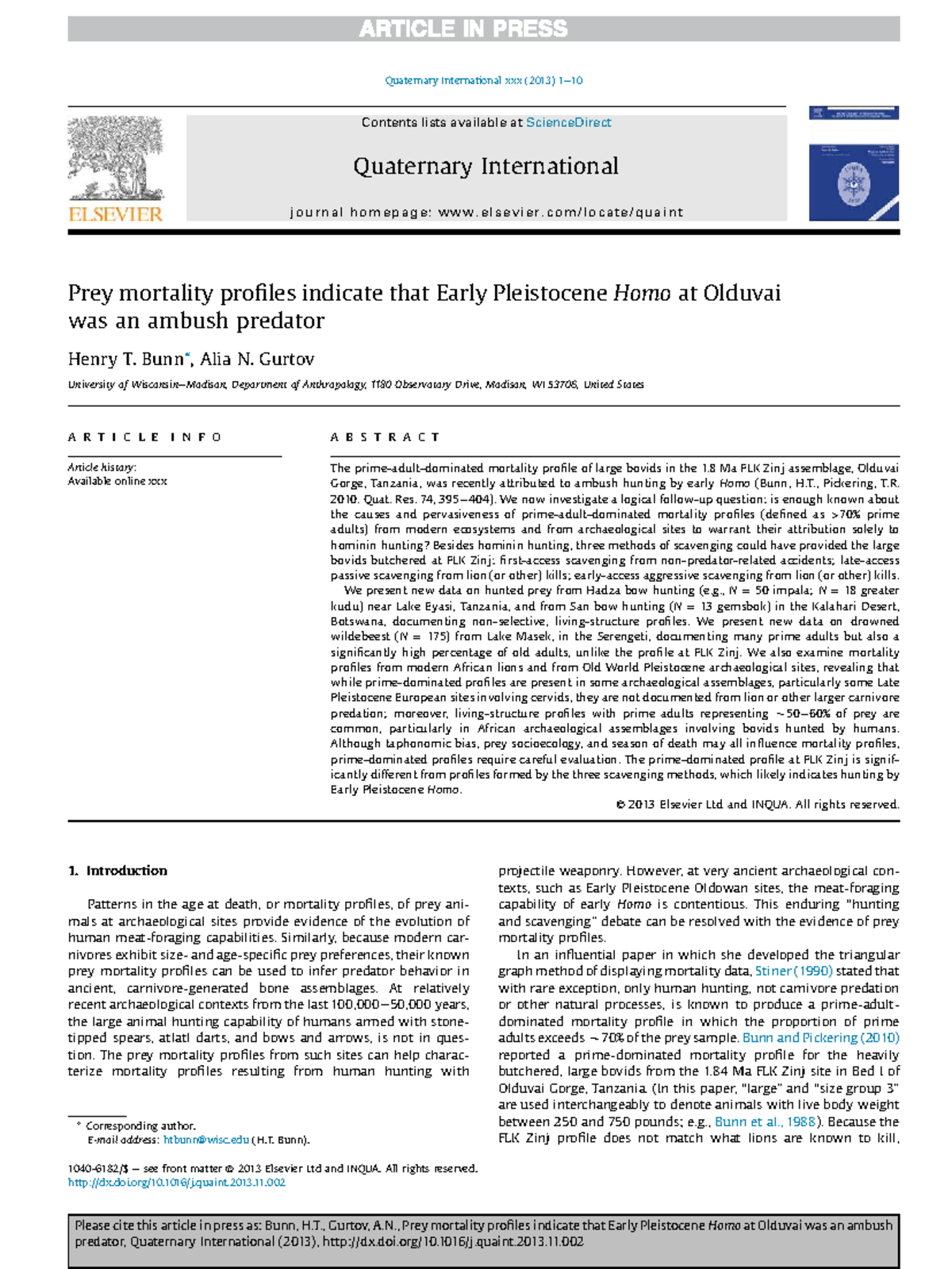 Mortality Profiles of Large Bovids at FLK Zinj: Insights from Hadza ...