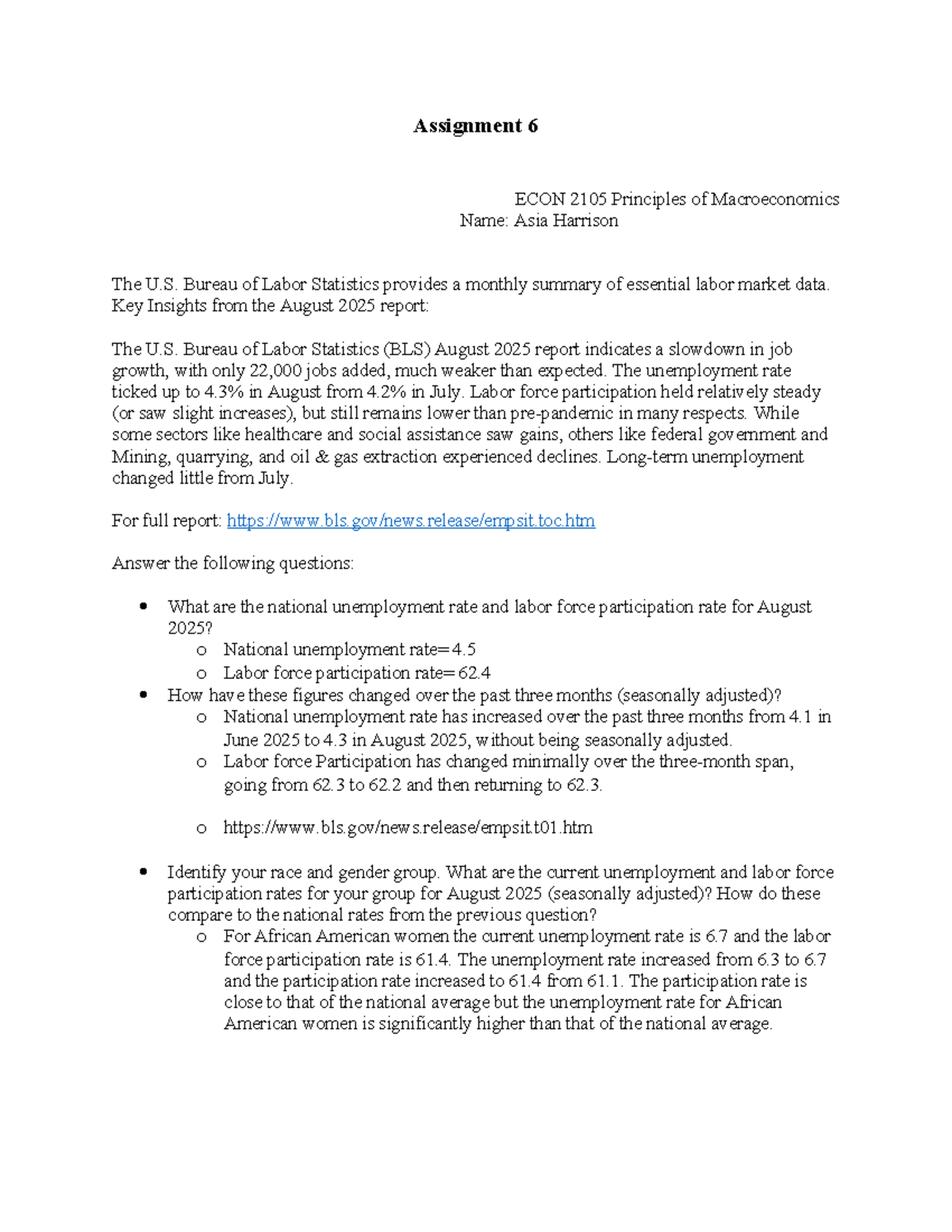 Assignment 6 ECON 2105: Macroeconomic Labor Market Analysis - Studocu