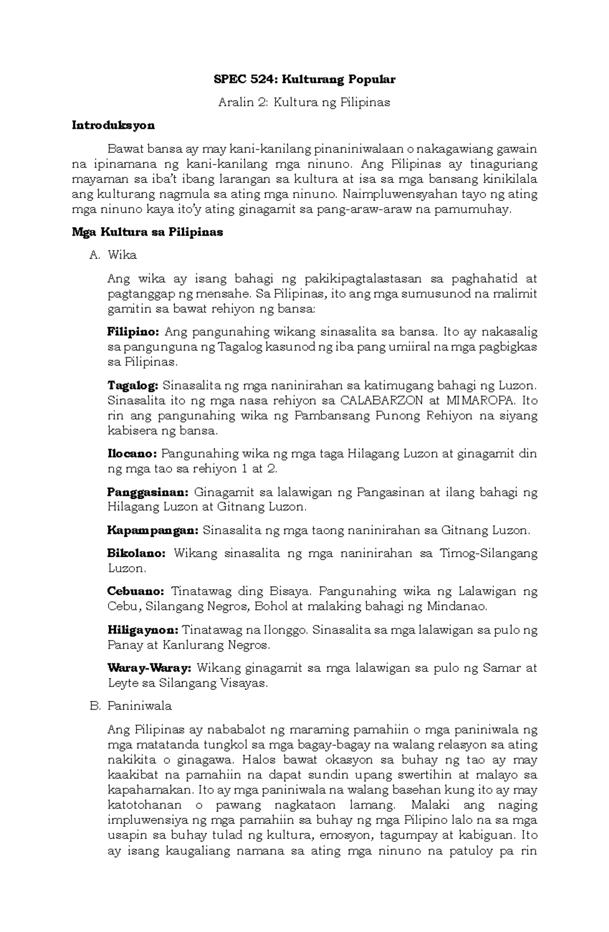 SPEC 524: Aralin 2 sa Kulturang Popular ng Pilipinas - Studocu