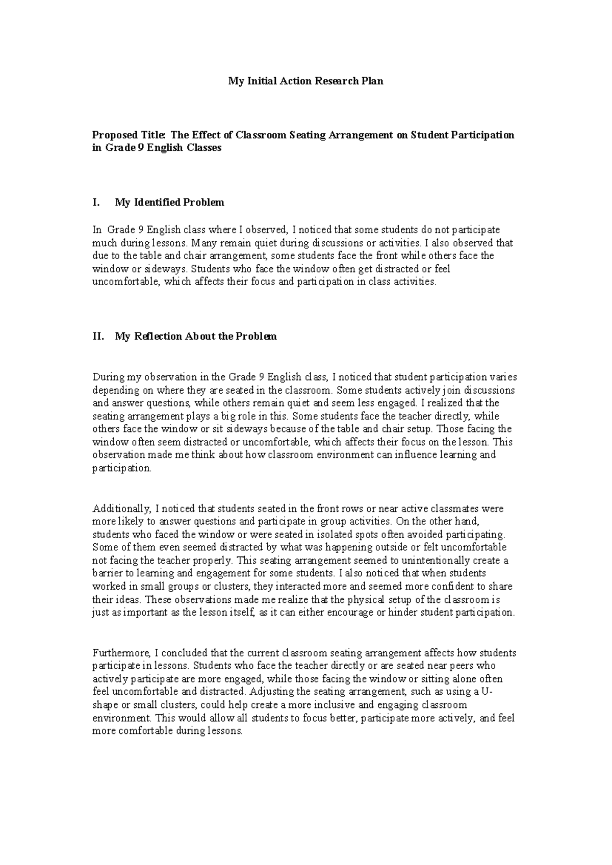 Grade 9 English Action Research: Impact of Seating on Participation ...