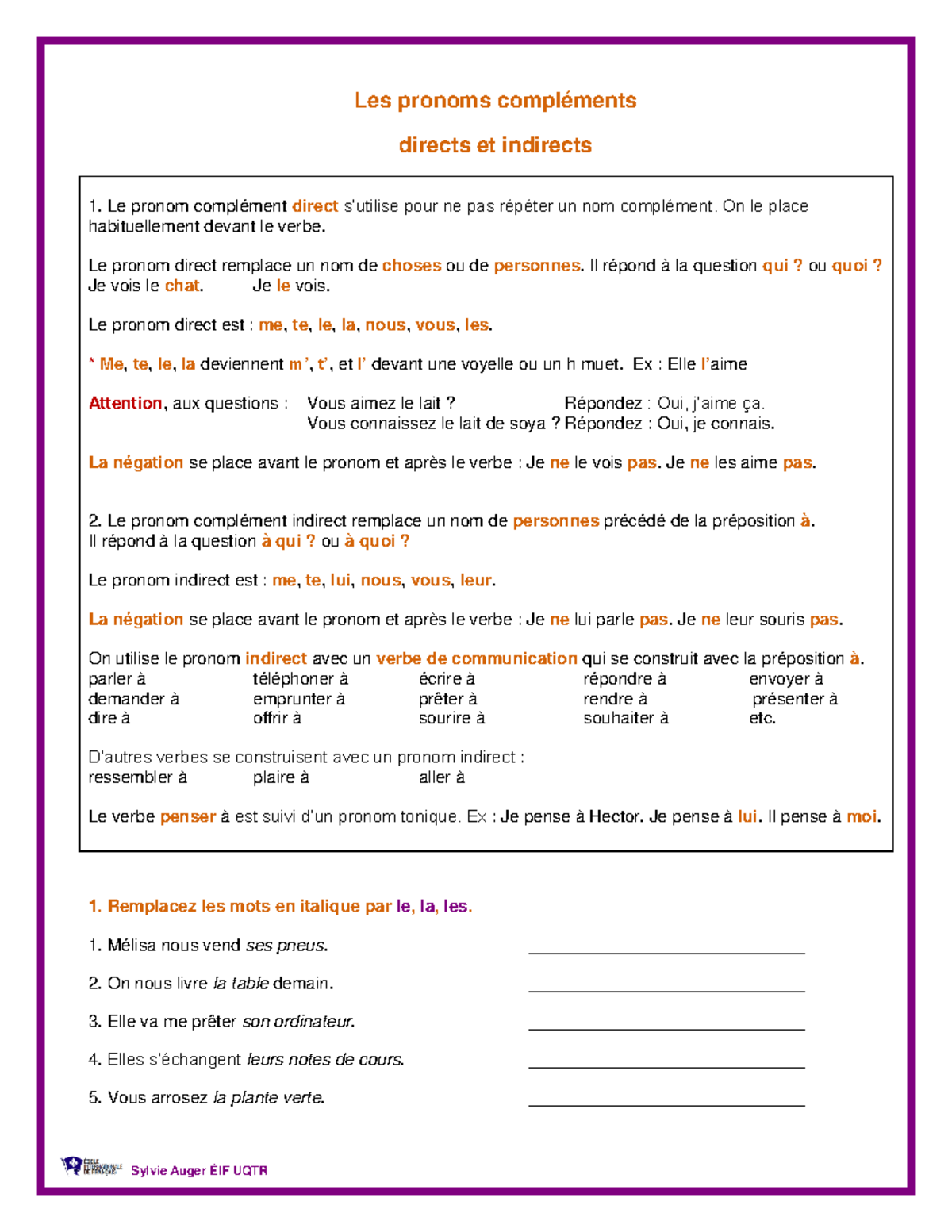 Les pronoms complements direstc et indirects Exercices et corrige - Les ...