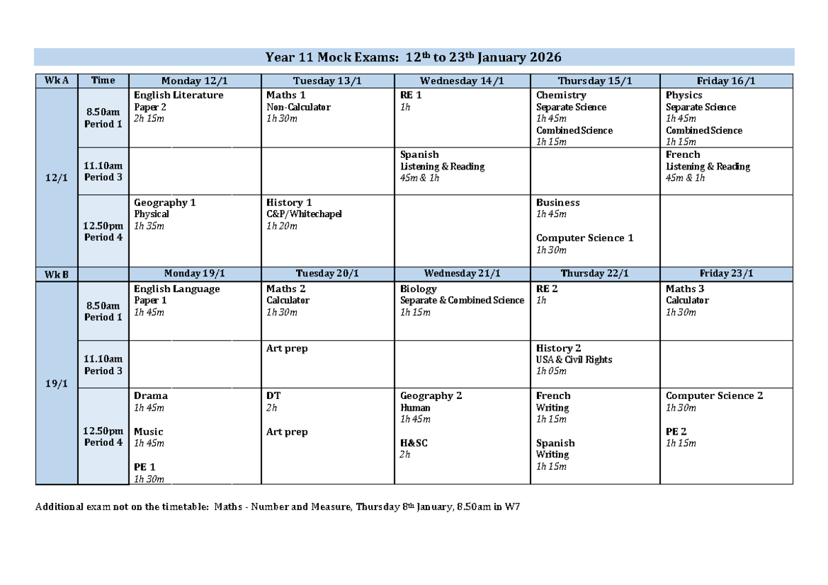 Yr 11 Jan 2026 Mock Exams Timetable: 12th-23rd Wk A & B - Studocu