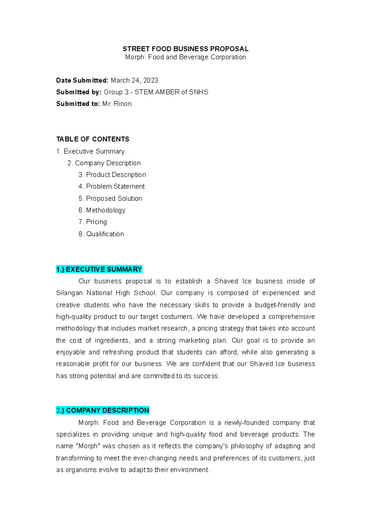STEM AMBER G11: Street Food Business Proposal for Shaved Ice Adventure ...
