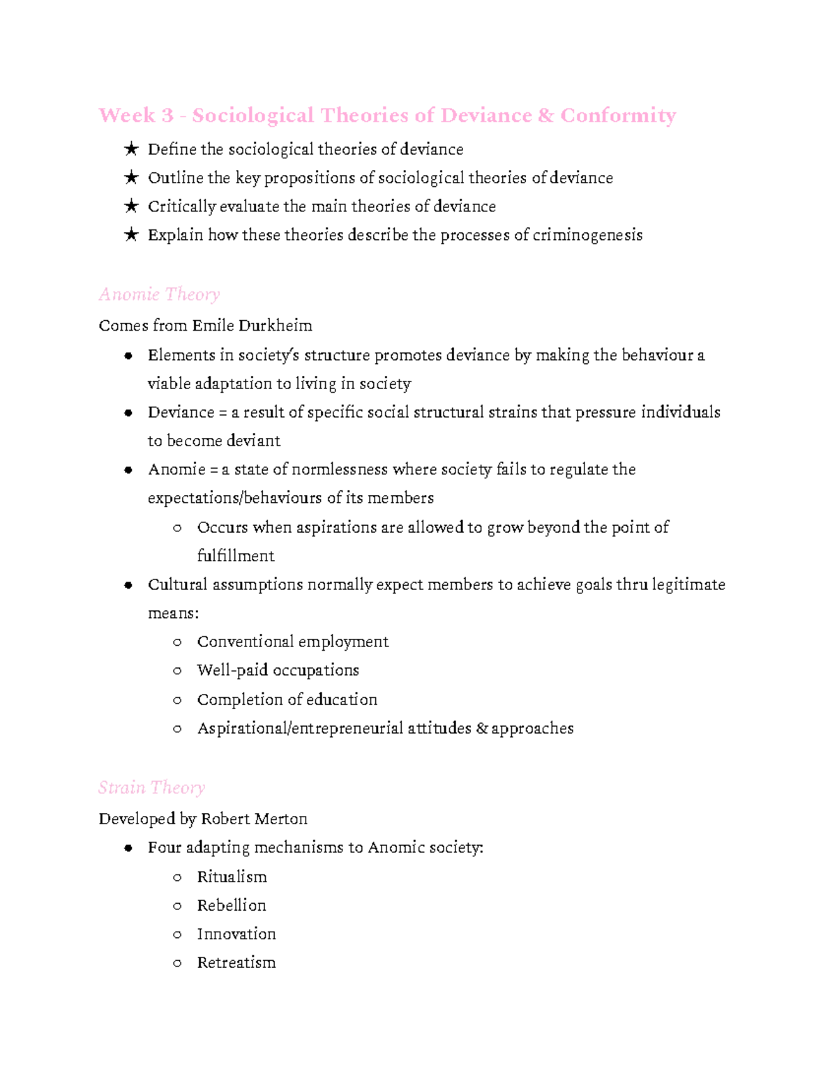 CRI20003 - Week 3: Sociological Theories of Deviance & Conformity - Studocu