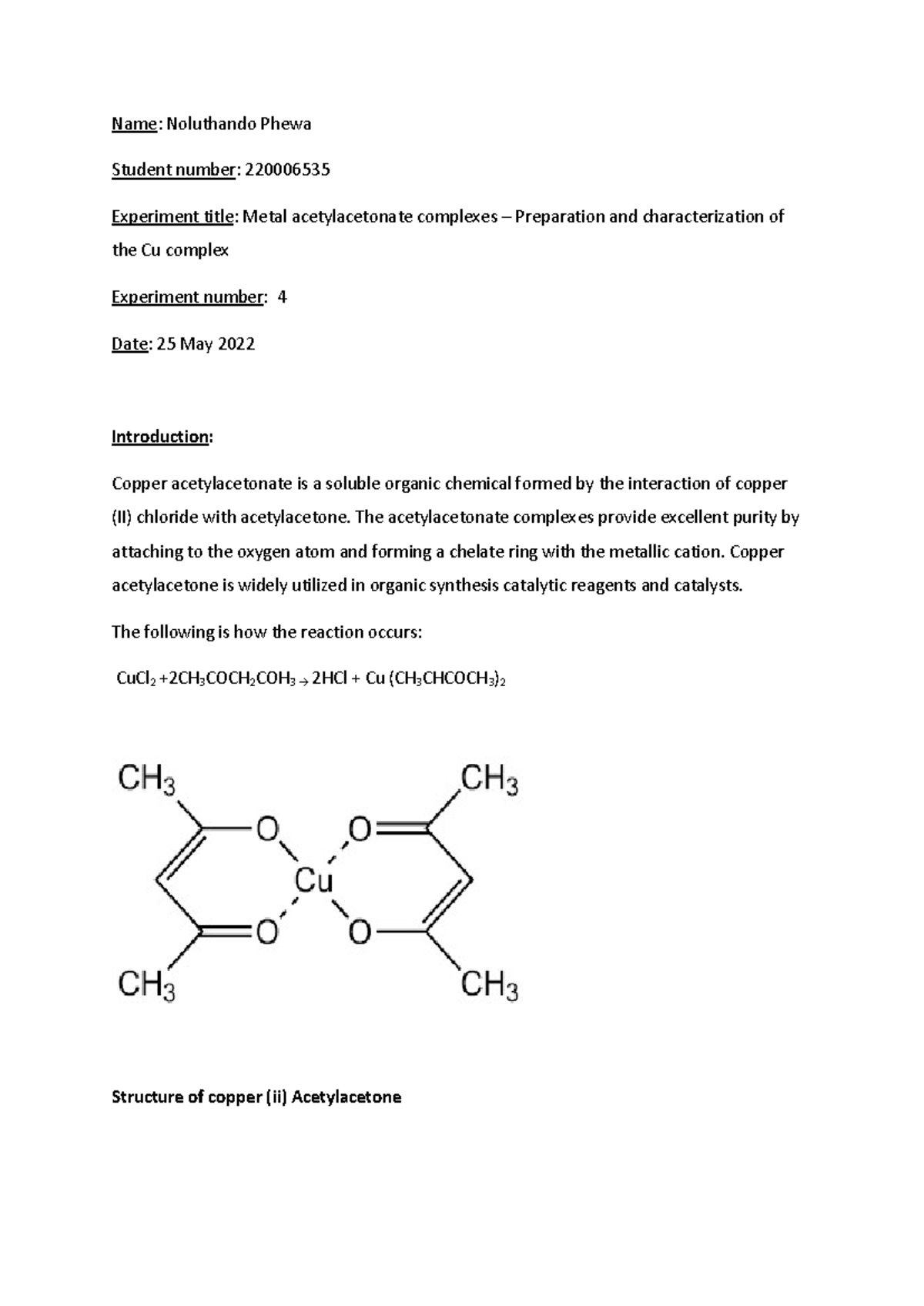 CHEM210 Practical 4: Synthesis & Characterization of Cu Complexes - Studocu