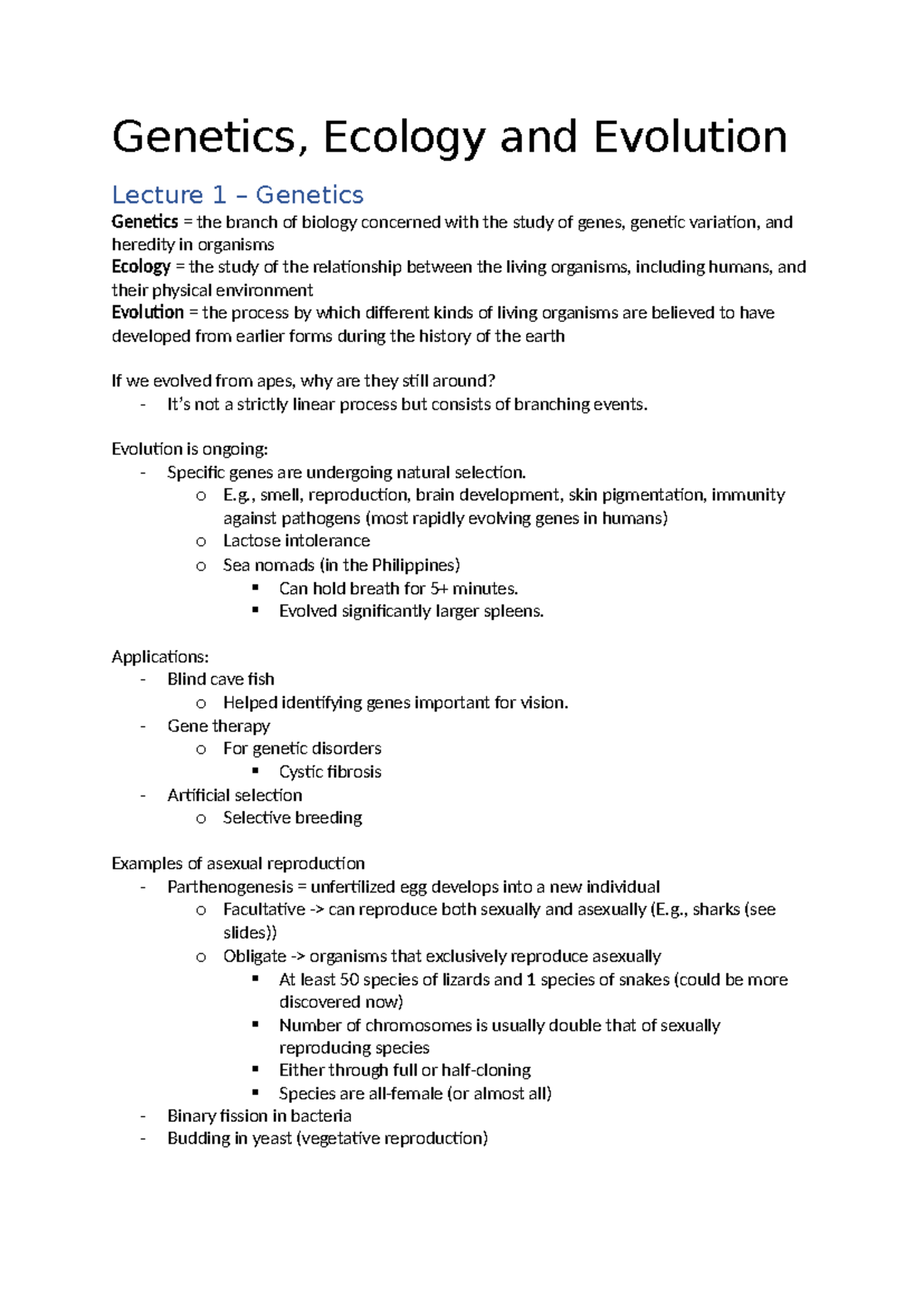 Genetics, Ecology, and Evolution: Lecture Notes (BIO101) - Studeersnel