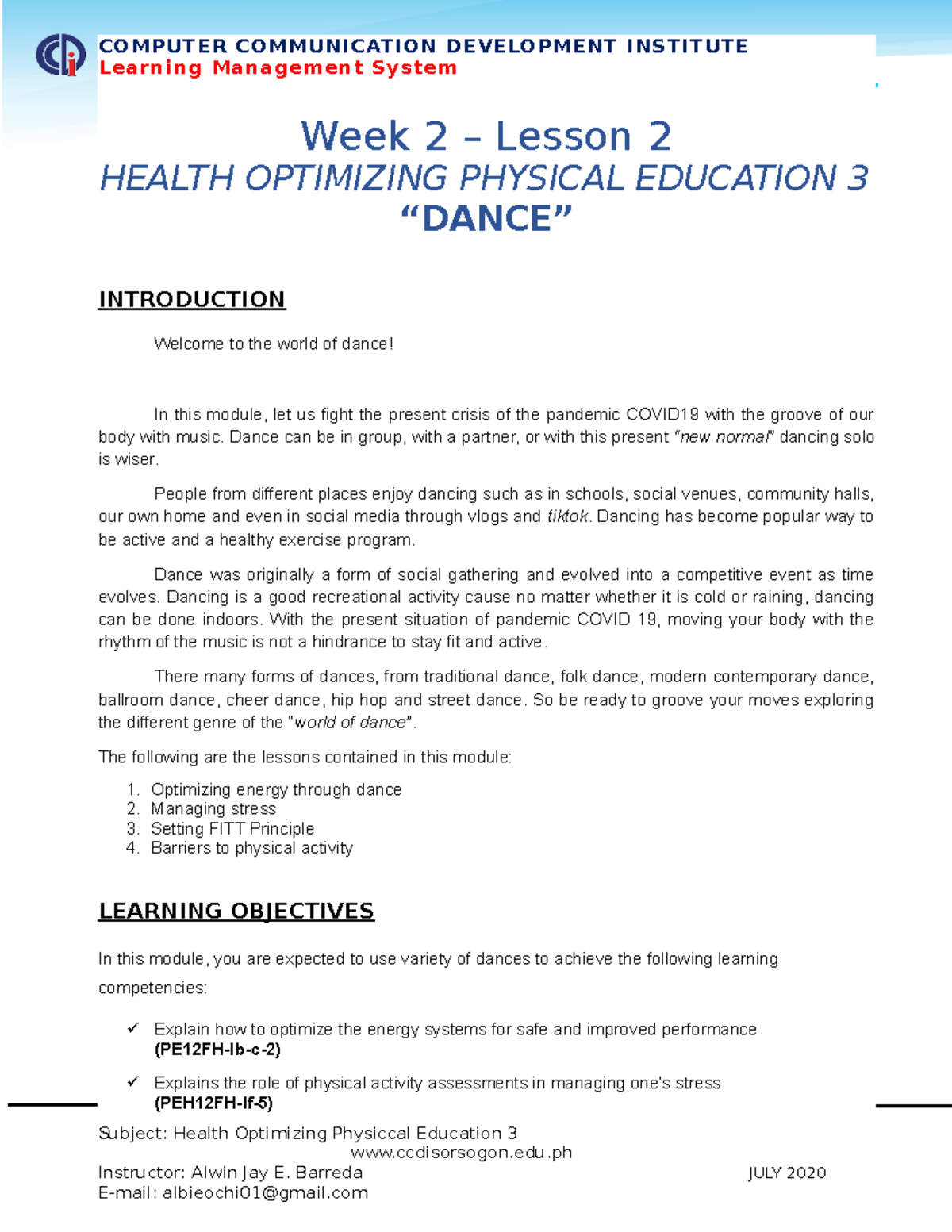 PE12 Week 2 - Dance Lesson: Optimizing Health and Fitness - Studocu