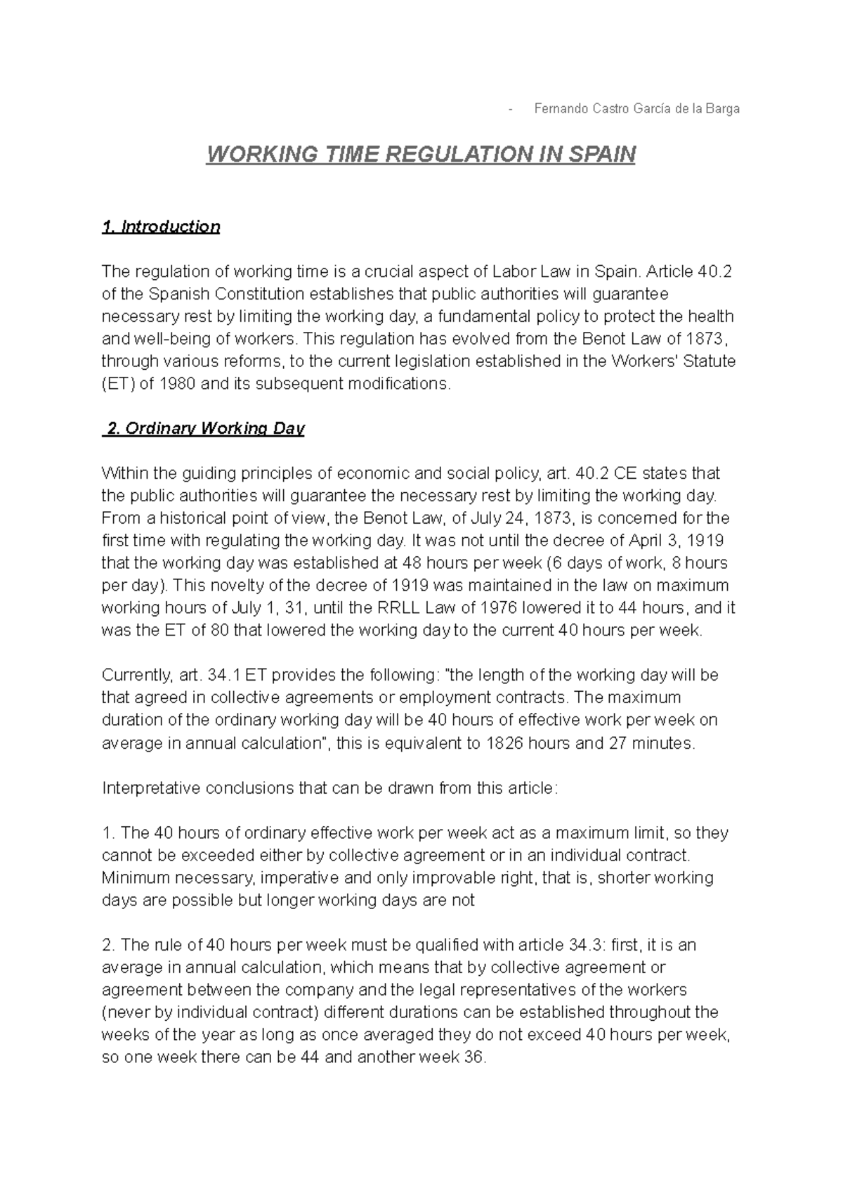 Working TIME Regulation IN Spain - Fernando Castro García de la Barga ...