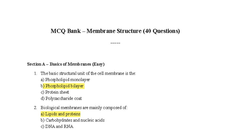Assignment 1 - L11 Membrane Structure - MCQ Bank – Membrane Structure ...