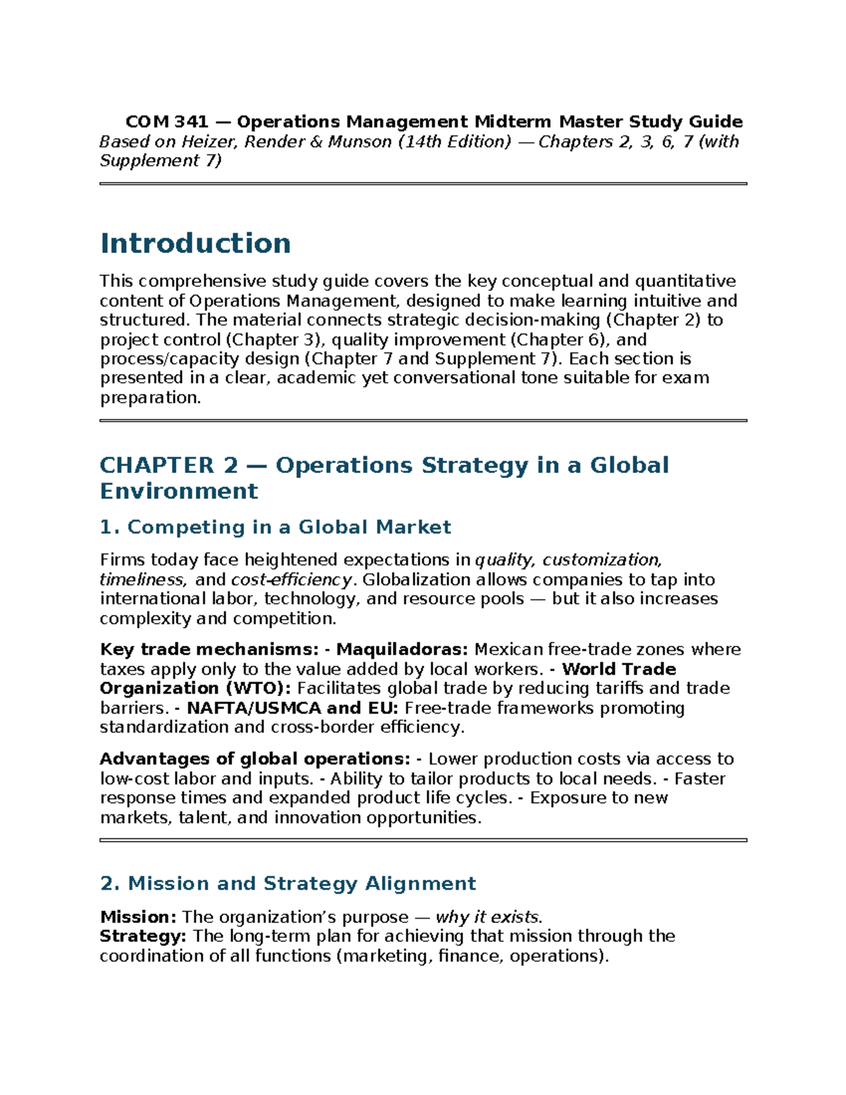 COM 341 Operations Management Midterm Exam Study Guide (Heizer et al.) - Studocu
