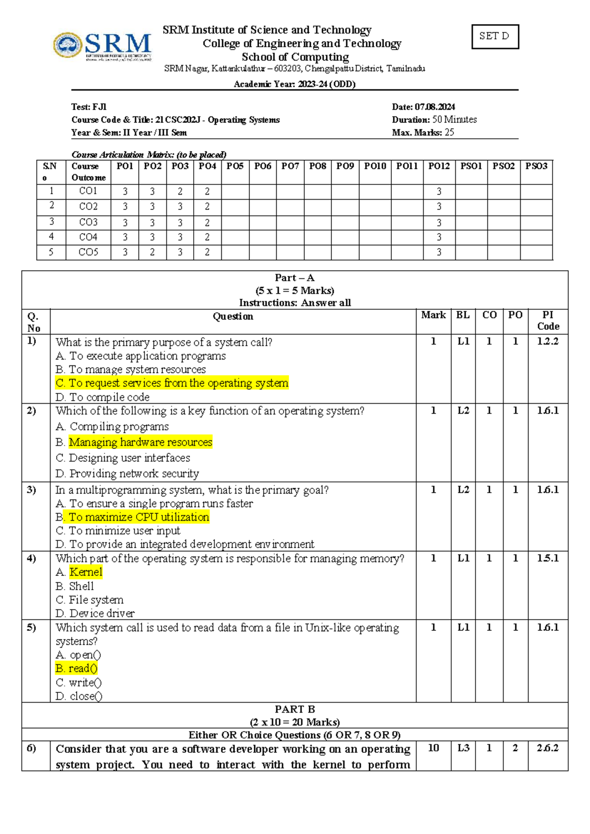 21CSC202J Operating Systems II Year Sem Test FJ1 Q&A Notes - Studocu