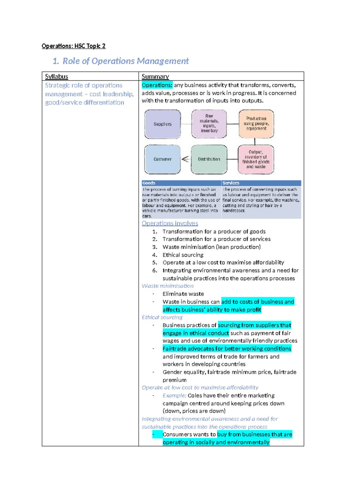 Operations Management: HSC Topic 2 - Strategic Role & Processes Summary ...